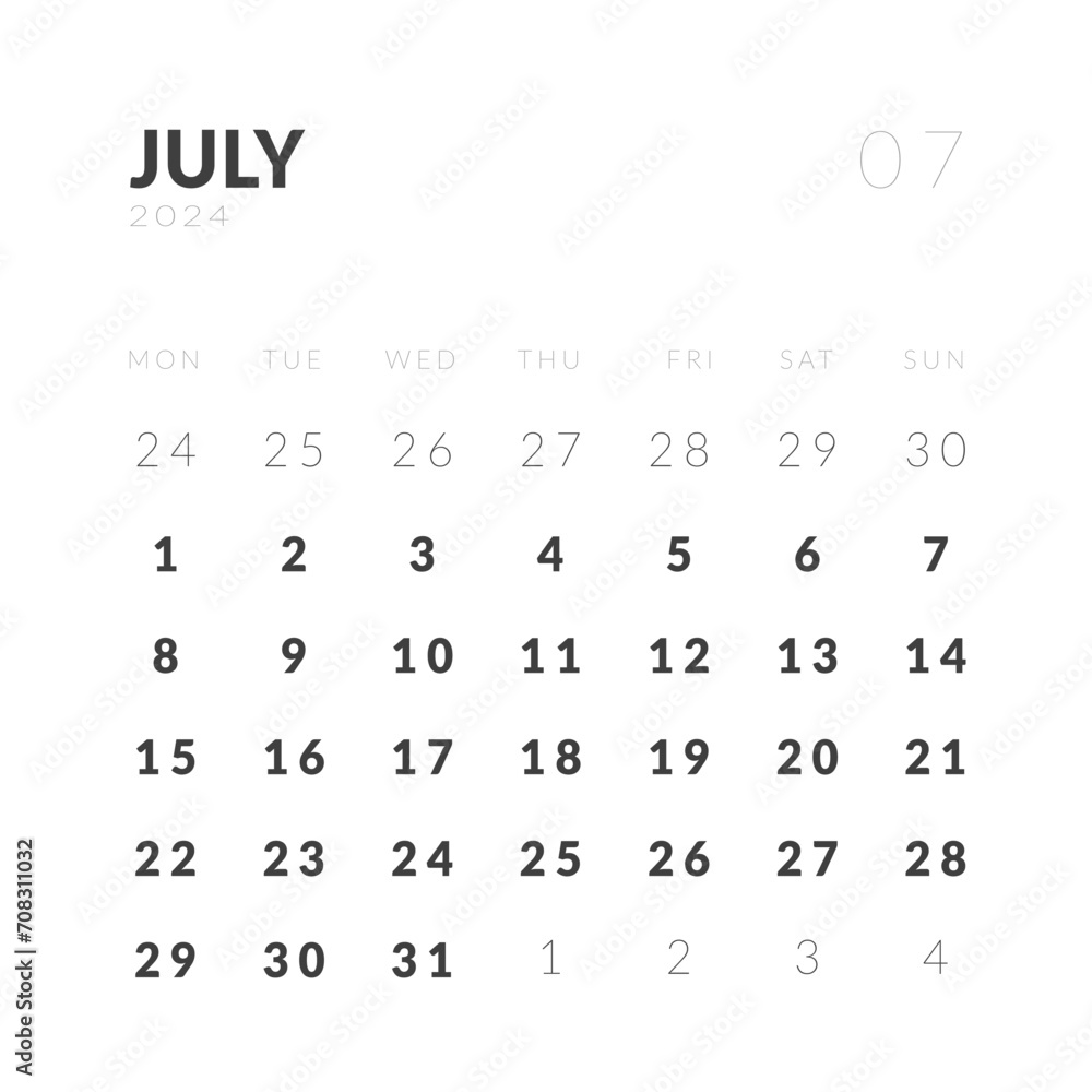 Template design of Monthly Calendar on July 2024. Vector layout minimal ...