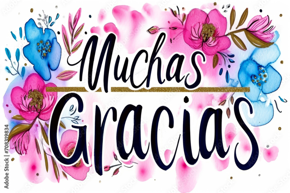 Ilustración de Stock "Muchas Gracias" thank you card with pink and blue ...