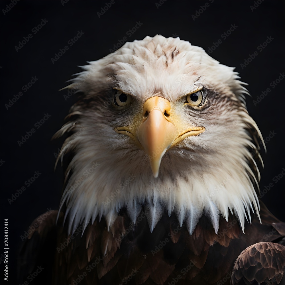 Close up portrait of American Bald eagle face isolated on black ...