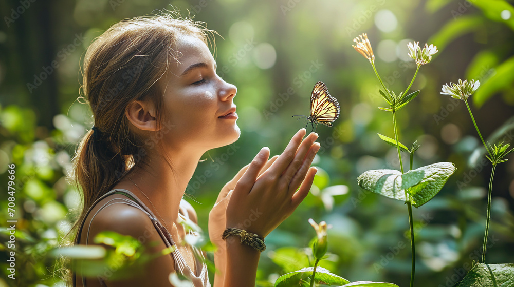 Girl Celebrating Connection to Nature. Rejuvenating Energy, Mindfulness ...