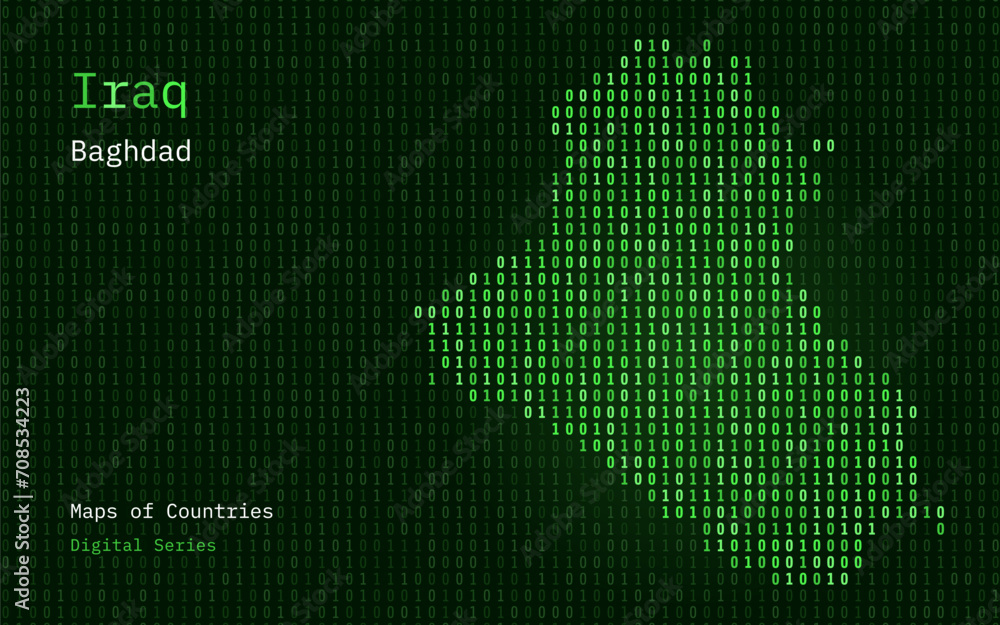 Iraq Map Shown in Binary Code Pattern. Matrix numbers, zero, one. World Countries Vector Maps ...