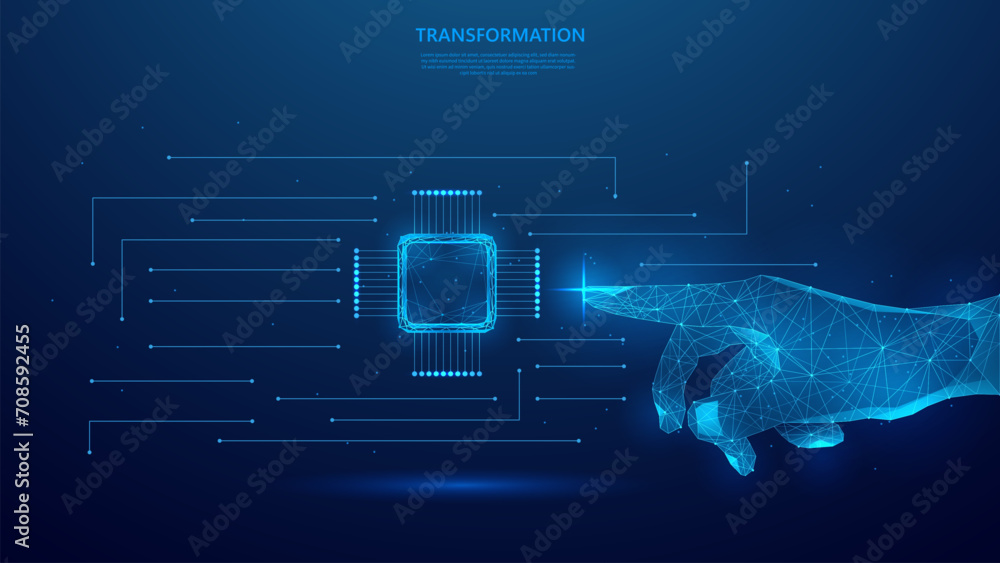 Digital transformation concept, illustration of hand touching cpu chip ...