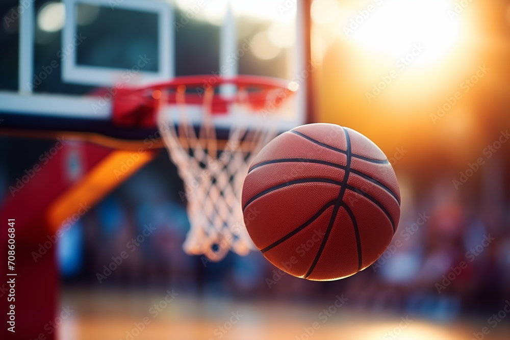 Basketball ball in the air near the hoop close-up on the basketball ...