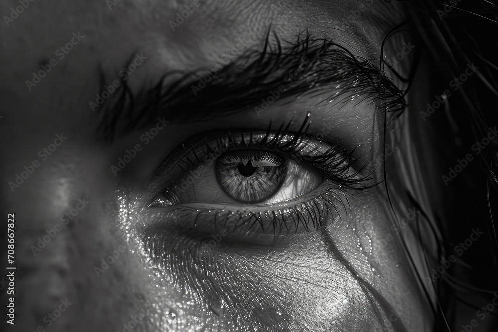 A detailed close-up of a person's eye with a small water droplet on the ...