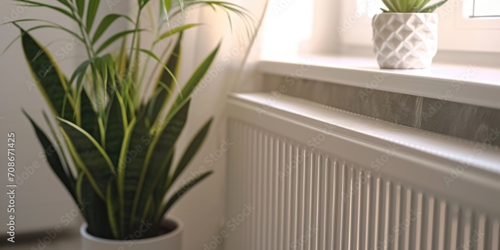 A potted plant sitting on a window sill next to a radiator. Perfect for ...