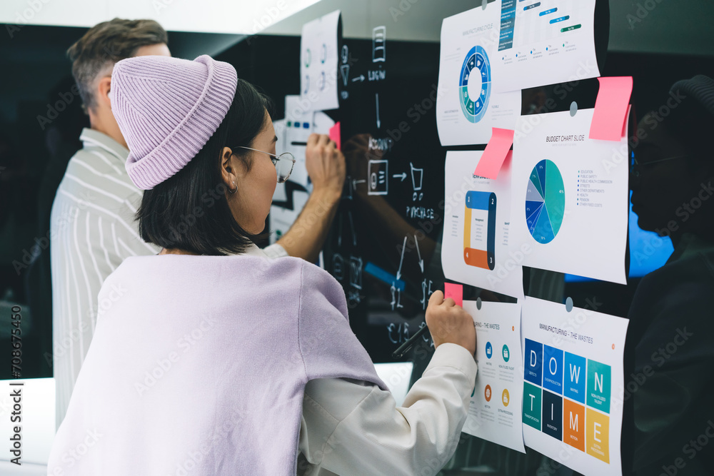 Professional male and female colleagues analyzing infographics during ...