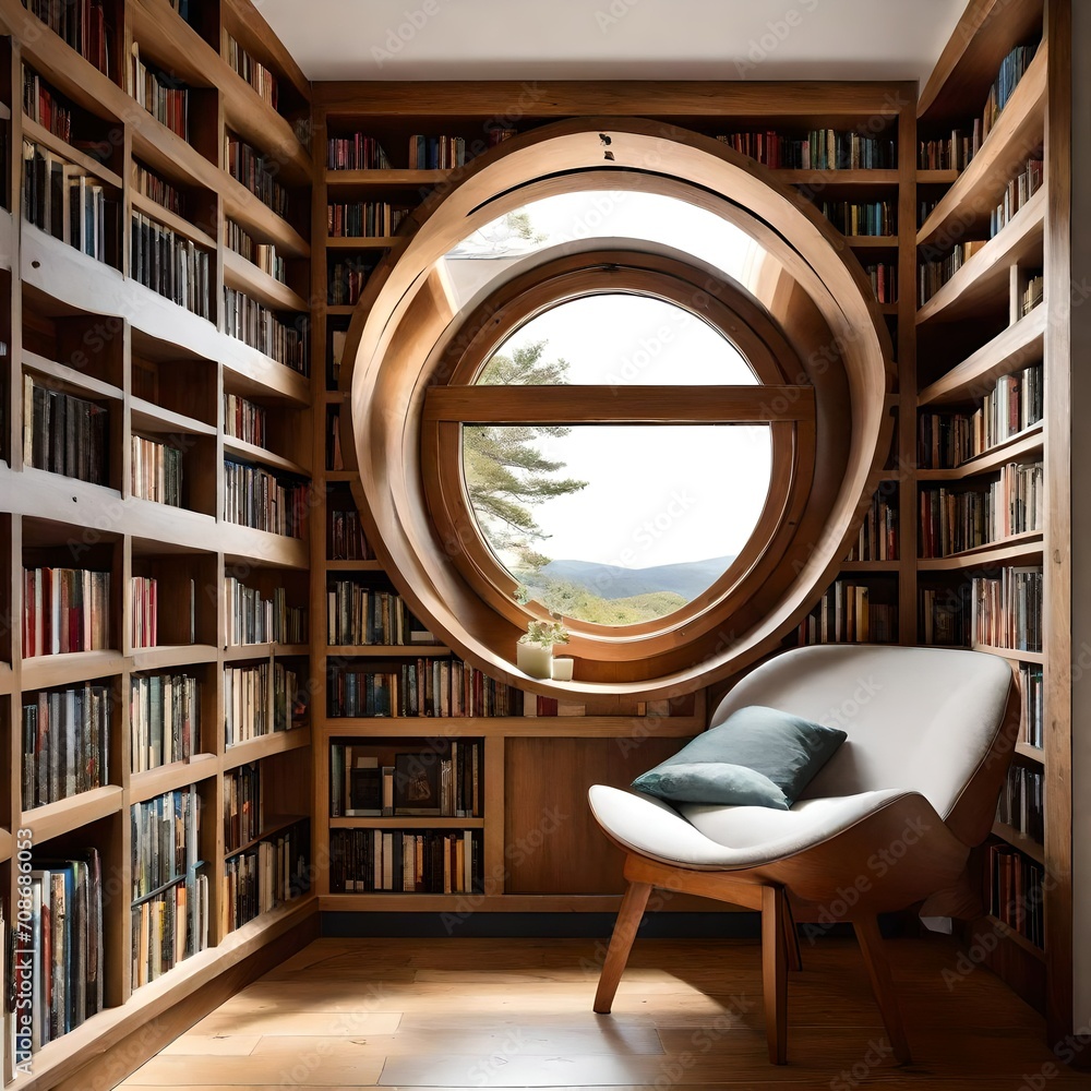 Compact reading corner with a timber frame bookshelf and round window ...