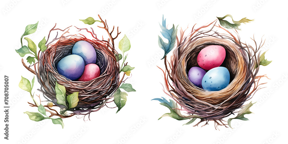 Nest with easter eggs, watercolor clipart illustration with isolated ...
