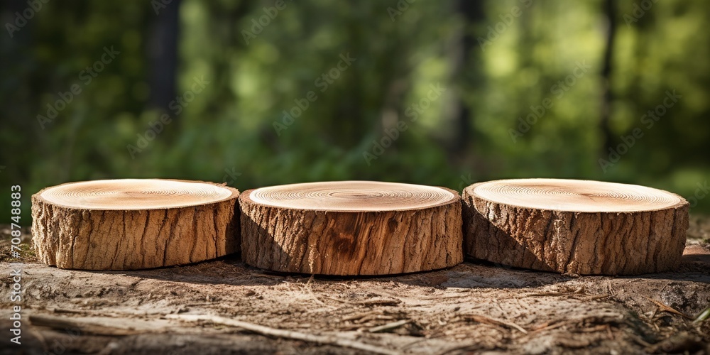 3 Stump wooden tree slice trunk on forest nature backgrounds, natural ...