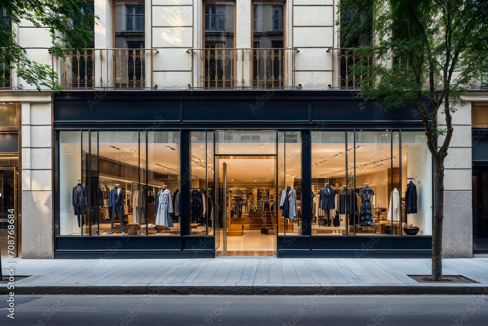 Urban fashion boutique boasting a stylish facade with large windows ...