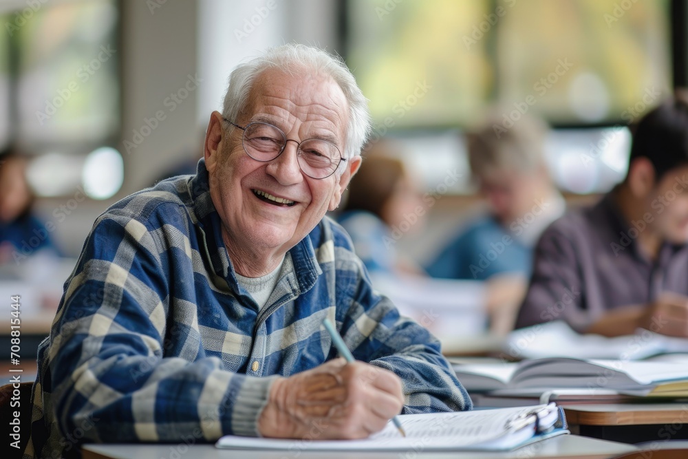 Elderly man studying in the classroom, Cheerful elderly man at school ...