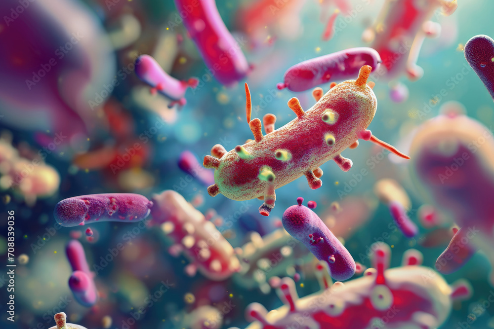 Bowel health, Escherichia coli, colony. Microorganisms under microscope ...