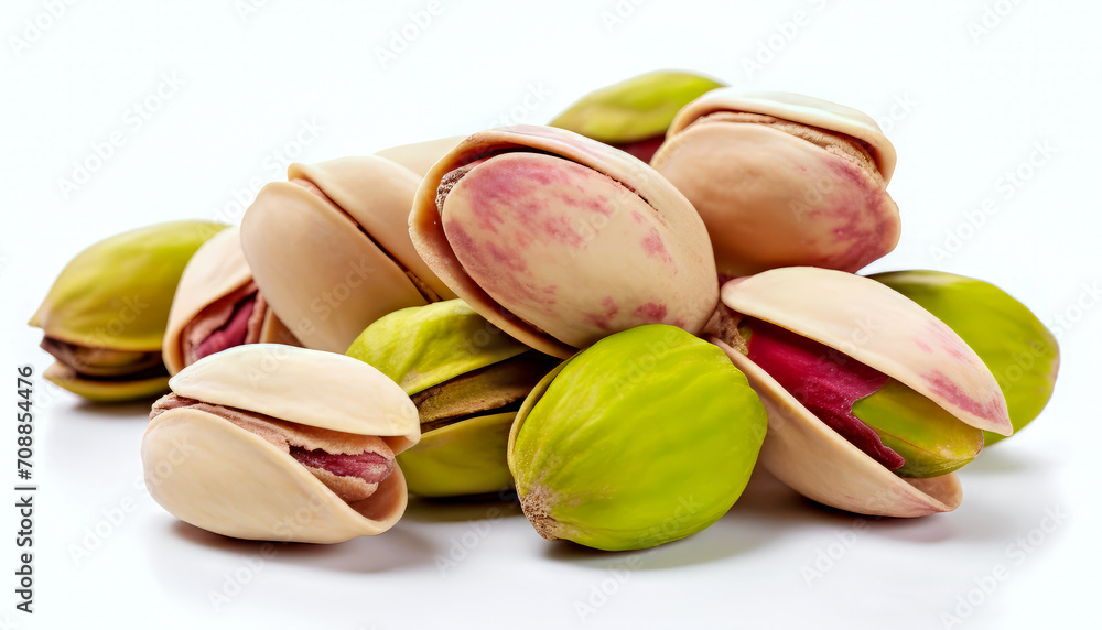 Heap of pistachios with shells partly open revealing the green nut ...