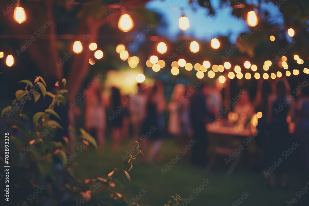 Outdoor party with lamp garlands and many people silhouettes, blurred ...