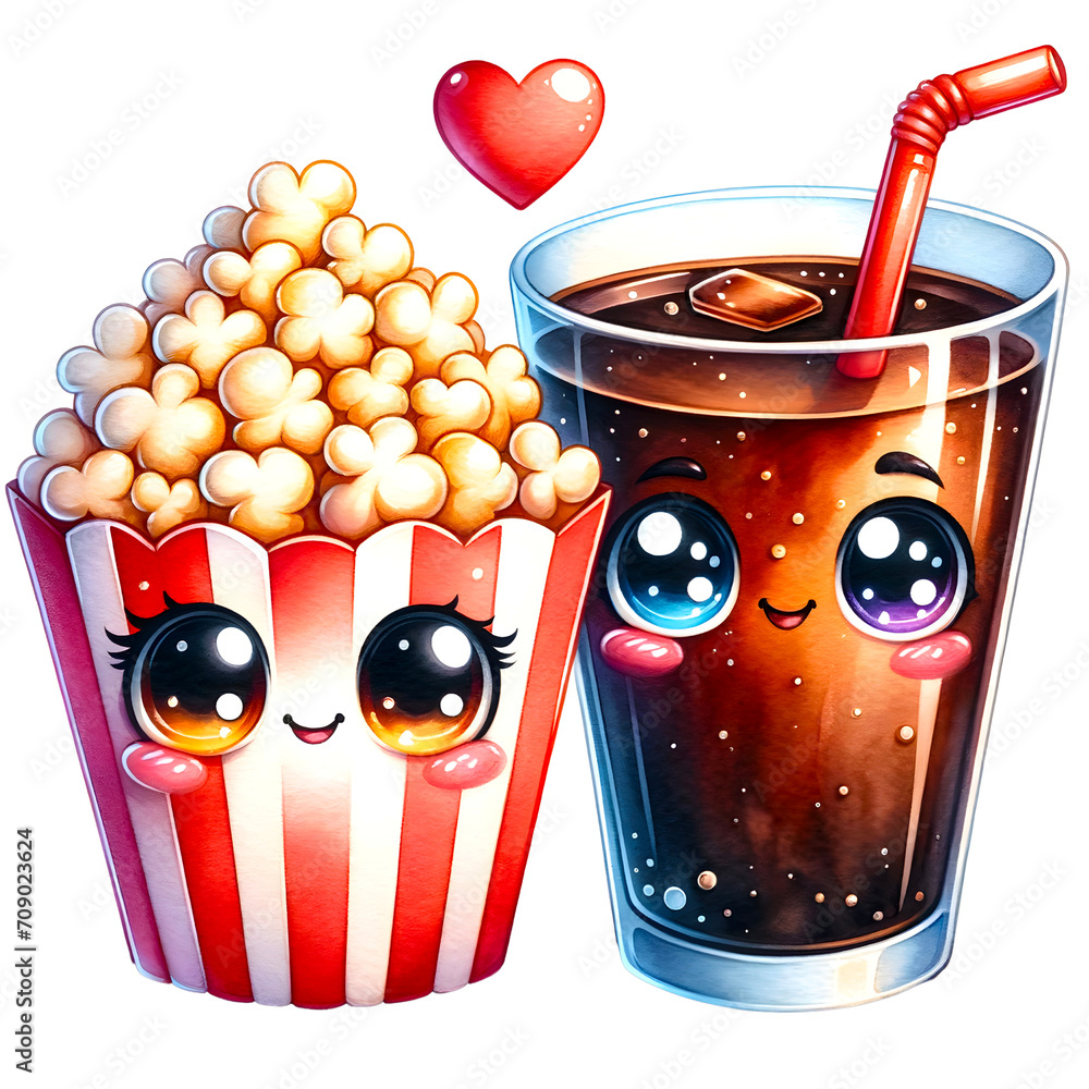 Cute cola and popcorn couple valentine watercolor clipart with ...