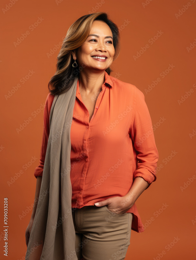 Portrait of a filipino woman in her 60s standing against an orange ...
