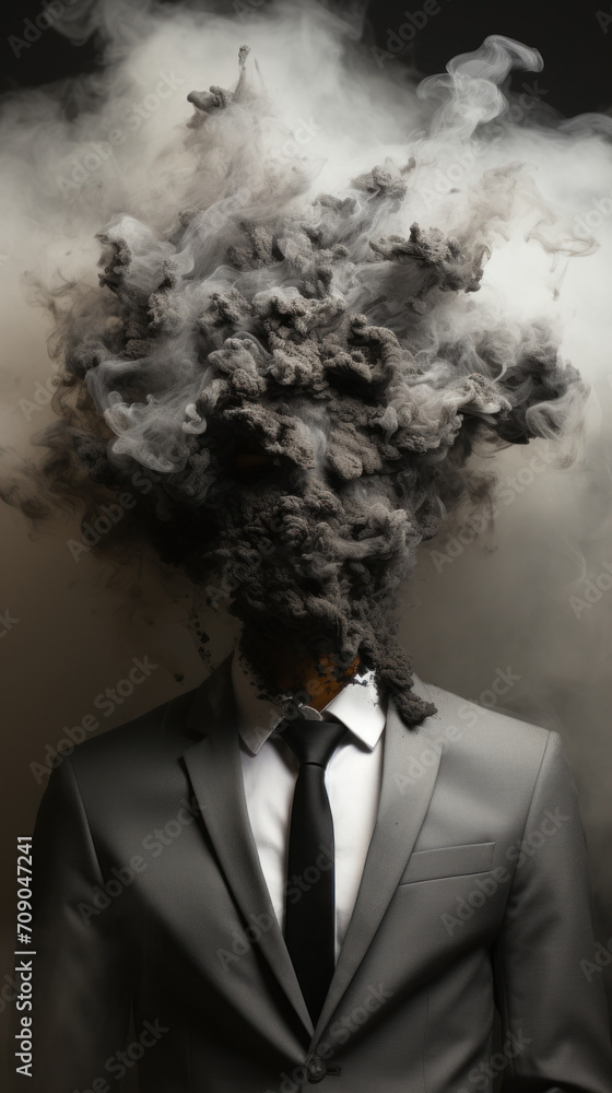 Professional burnout. Black vapors enveloping the head of a man in an ...