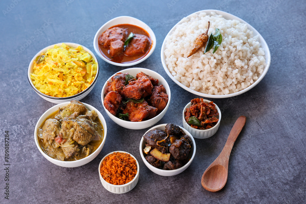 Kerala special food sadhya in banana leaf plate with Chicken fry Duck ...