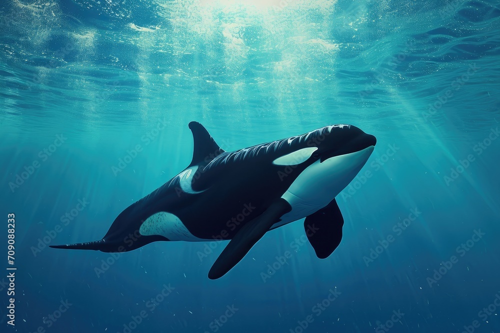 a orca fish or killer whale swimming on under water of sea Stock Photo ...