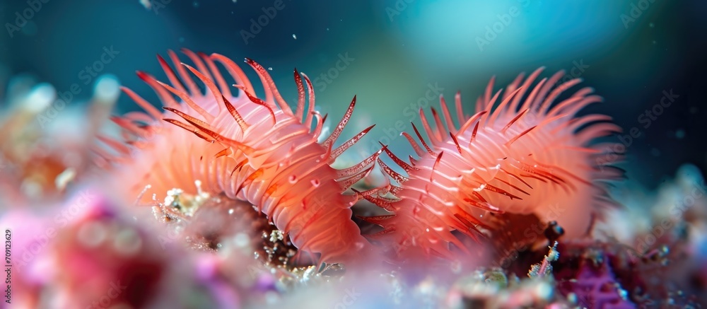 Macro photography of two venomous red spiny fireworms (Amphinomidae ...