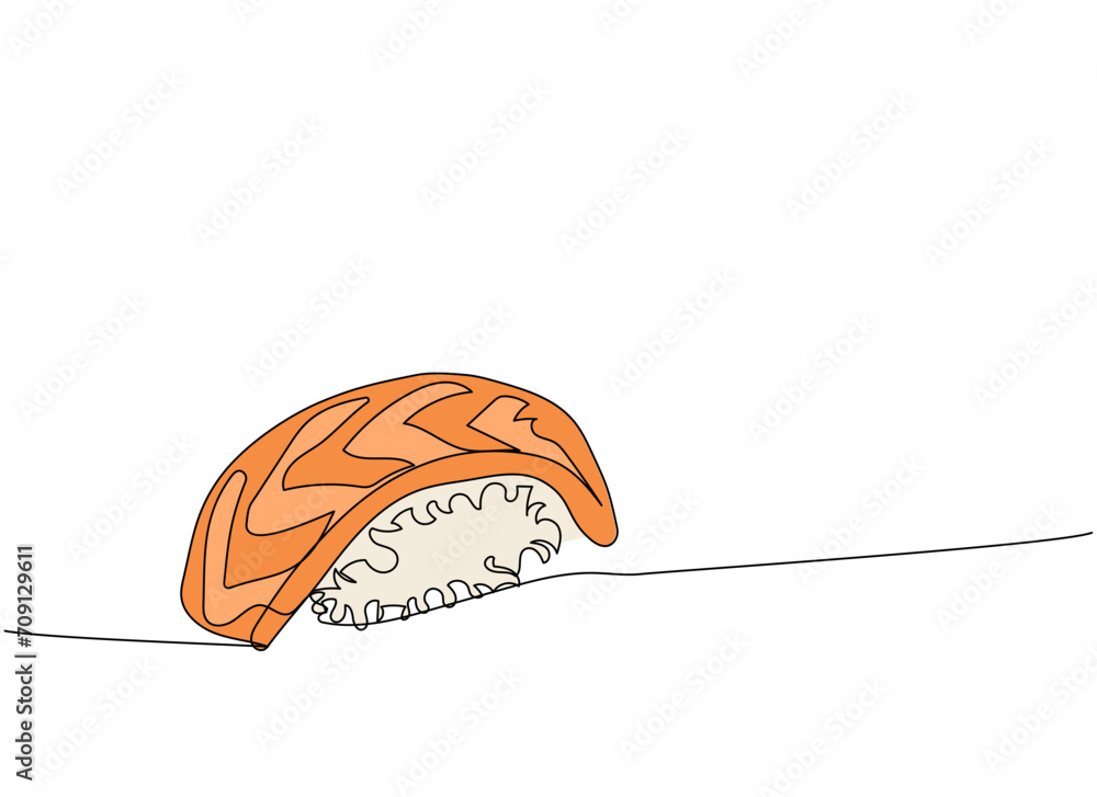 Sushi, salmon nigiri, Aburi nigiri one line art. Continuous line ...