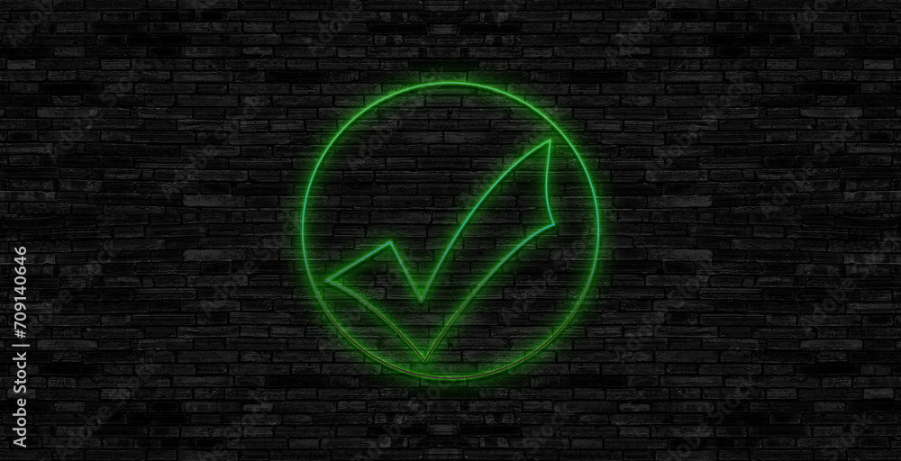 Outline neon check tick icon. Glowing neon checkmark sign, tick approve pictogram. Correct and ...