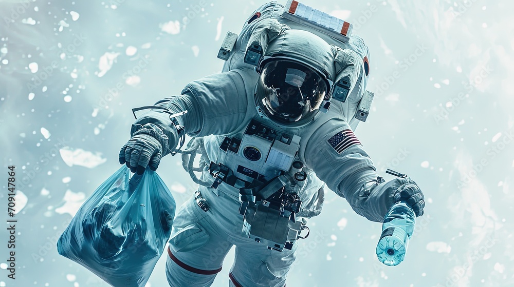 An astronaut with a garbage bag in space collects space debris from the ...
