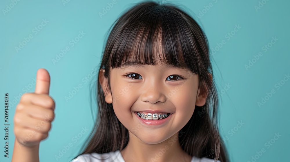 Asian girl in braces smiles and shows thumbs up. Medical orthodontic ...