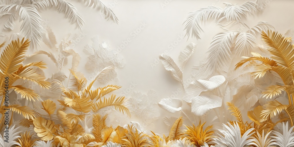 Luxurious Golden and White Jungle Motif 3D Wallpaper Illustration Stock ...