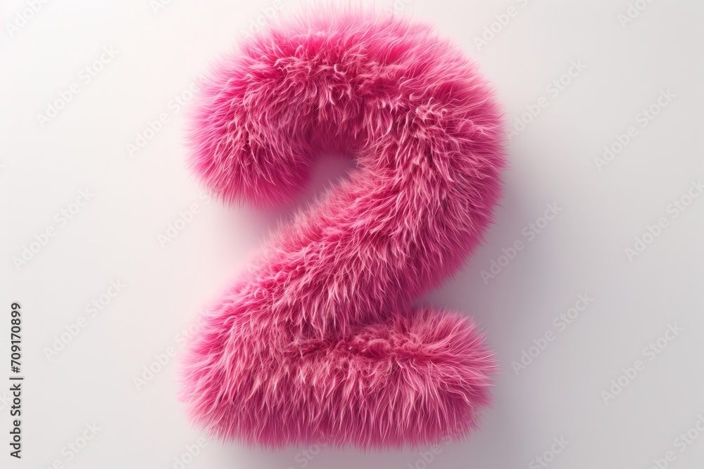 Cute pink number 2 or two as fur shape, short hair, white background ...