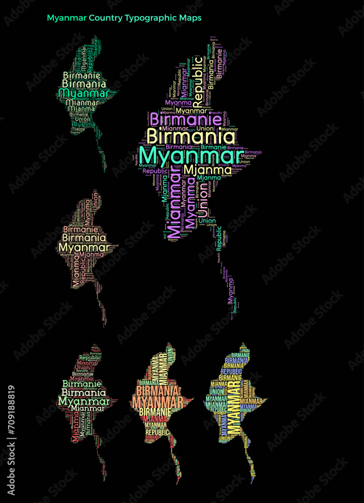 Myanmar. Set of typography style country illustrations. Myanmar map ...