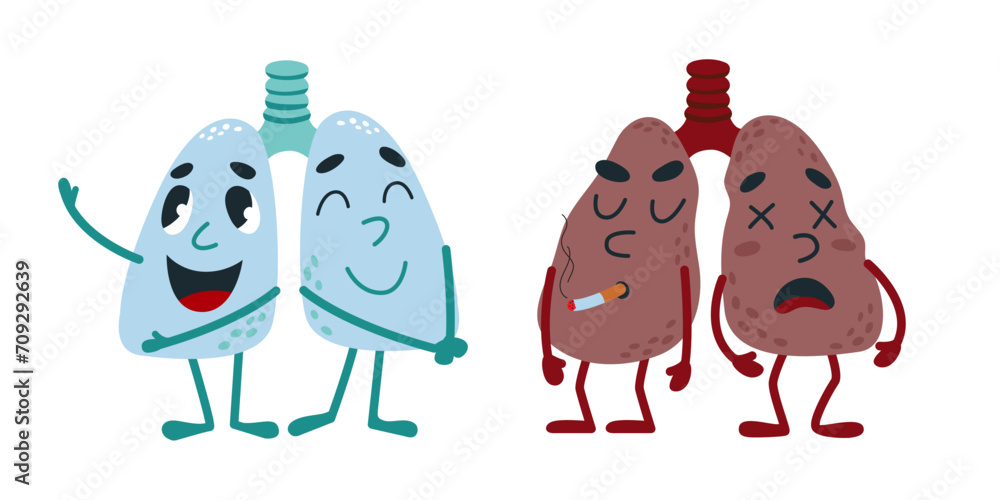 Cute lungs characters. Healthy unhealthy internal organs. Funny cartoon ...