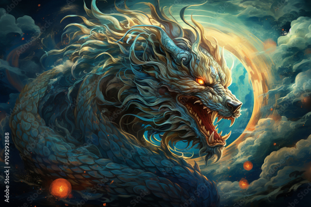 A mythical and cosmic rendering of the Chinese Azure Dragon, with ...