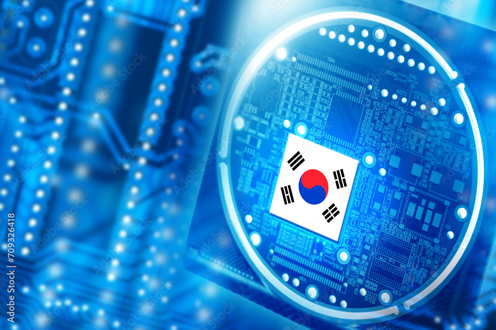 Microboard with South Korea flag. Microprocessor close-up. Computer ...