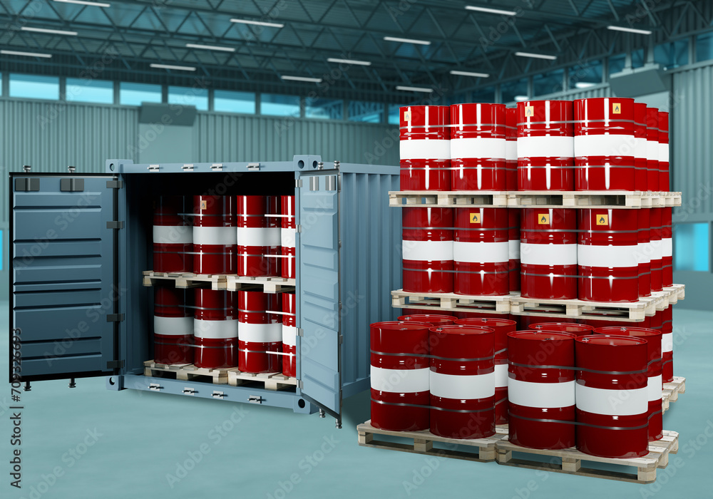 Petroleum products warehouse. Cargo containers with barrels. Warehouse ...