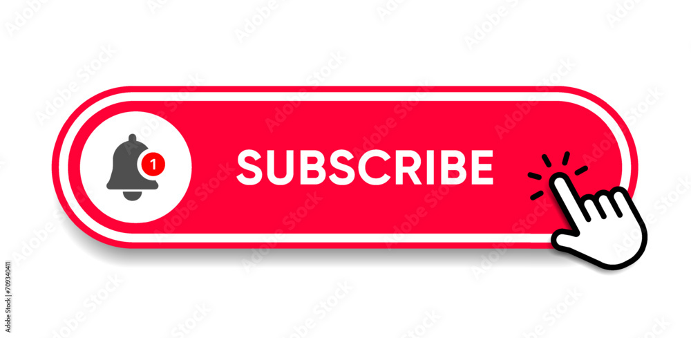 Subscribe button Bell, notification icon button and hand cursor click. Red button subscribe to ...