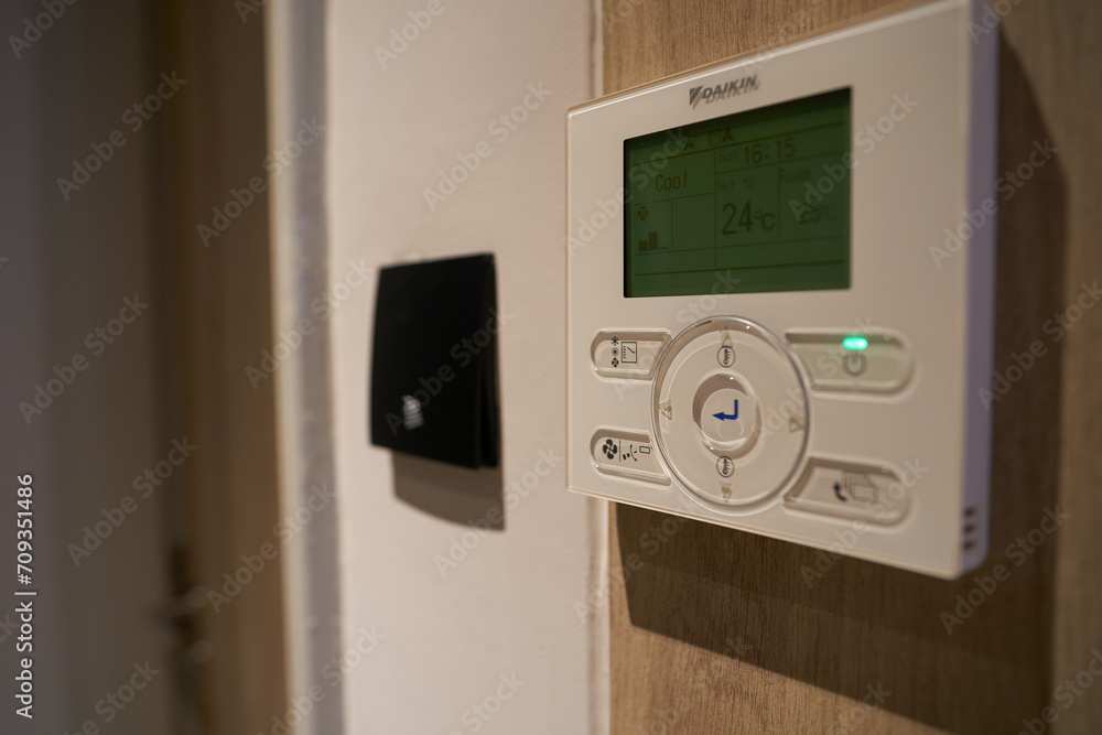 SINGAPORE - NOVEMBER 05, 2023: close up shot of Daikin air conditioner ...
