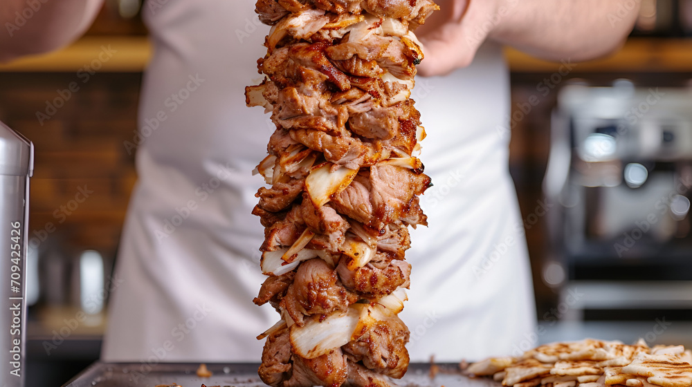 Chef preparing and making Traditional Turkish Doner Kebab meat ...