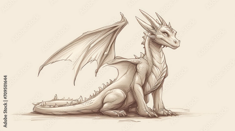 a drawing of a dragon sitting on the ground with its wings spread out ...