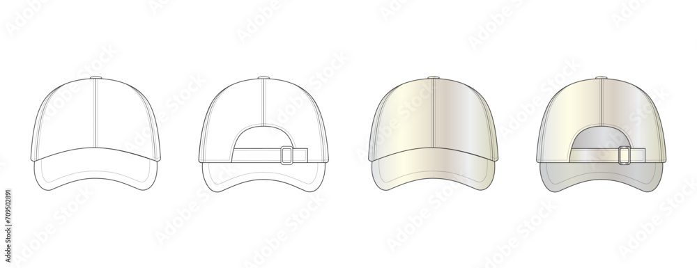 Vector fashion technical drawings of a baseball cap with front and back ...