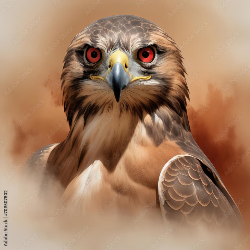 8K Render: Dramatic Portrait of Red-Tailed Hawk with Elegant Ink Wash ...