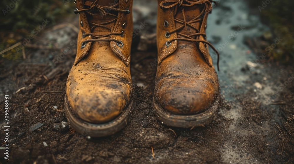 Dusty, cracked leather boots with oil stains. Symbolizing the rugged ...