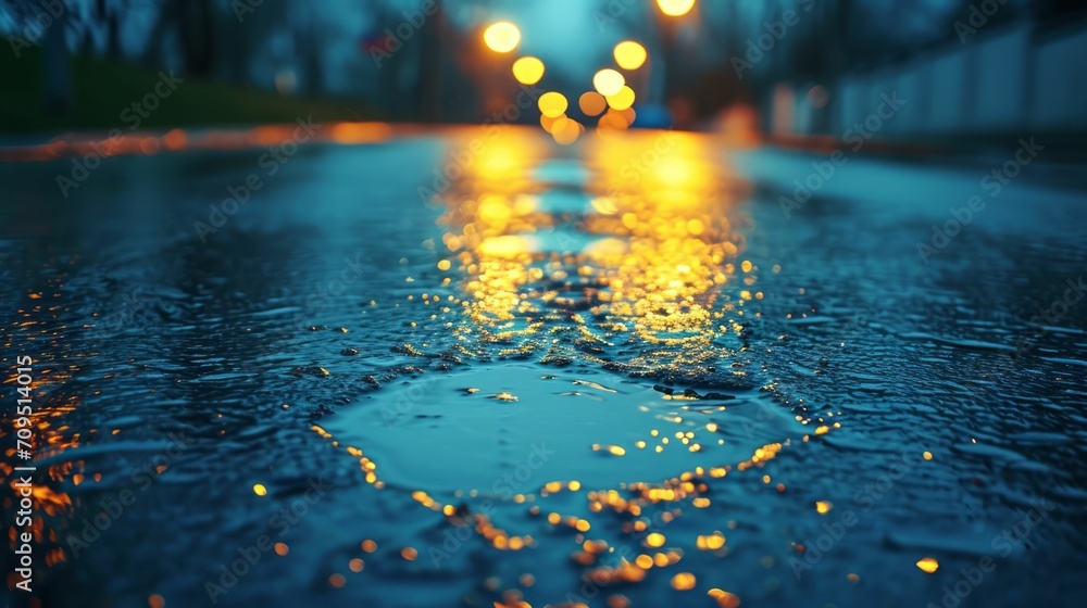 Oil-slicked asphalt road shimmering under streetlights, highlighting ...