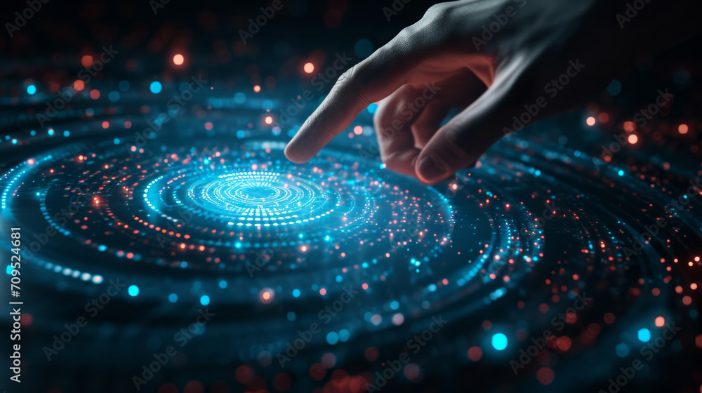 Hand touching a spinning data flow, data flow processing visualization background Stock Photo ...