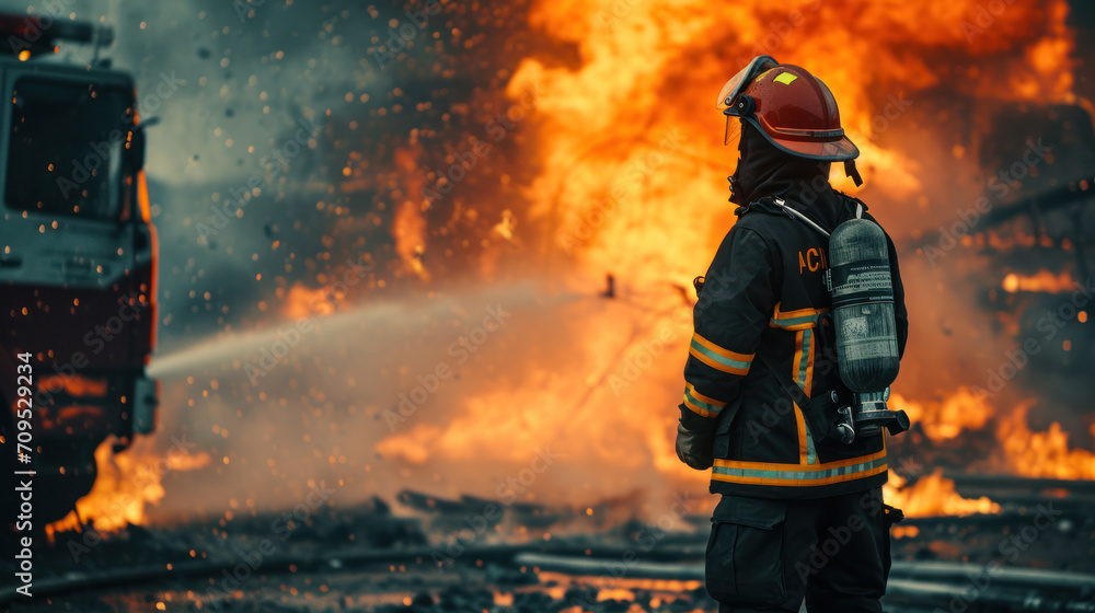 firefighter at work, fireman using water and extinguisher to fighting ...