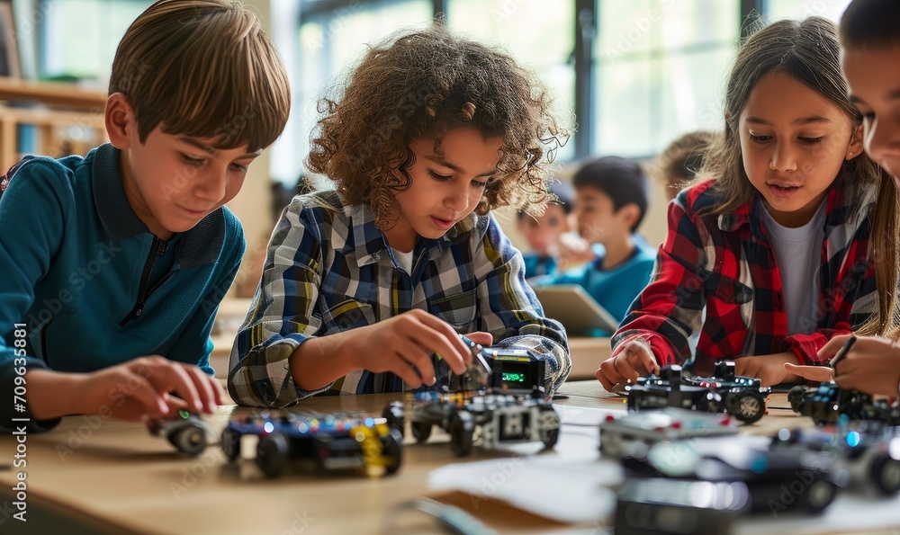 Diverse school children students group building robotic vehicle robot cars using tablet ...