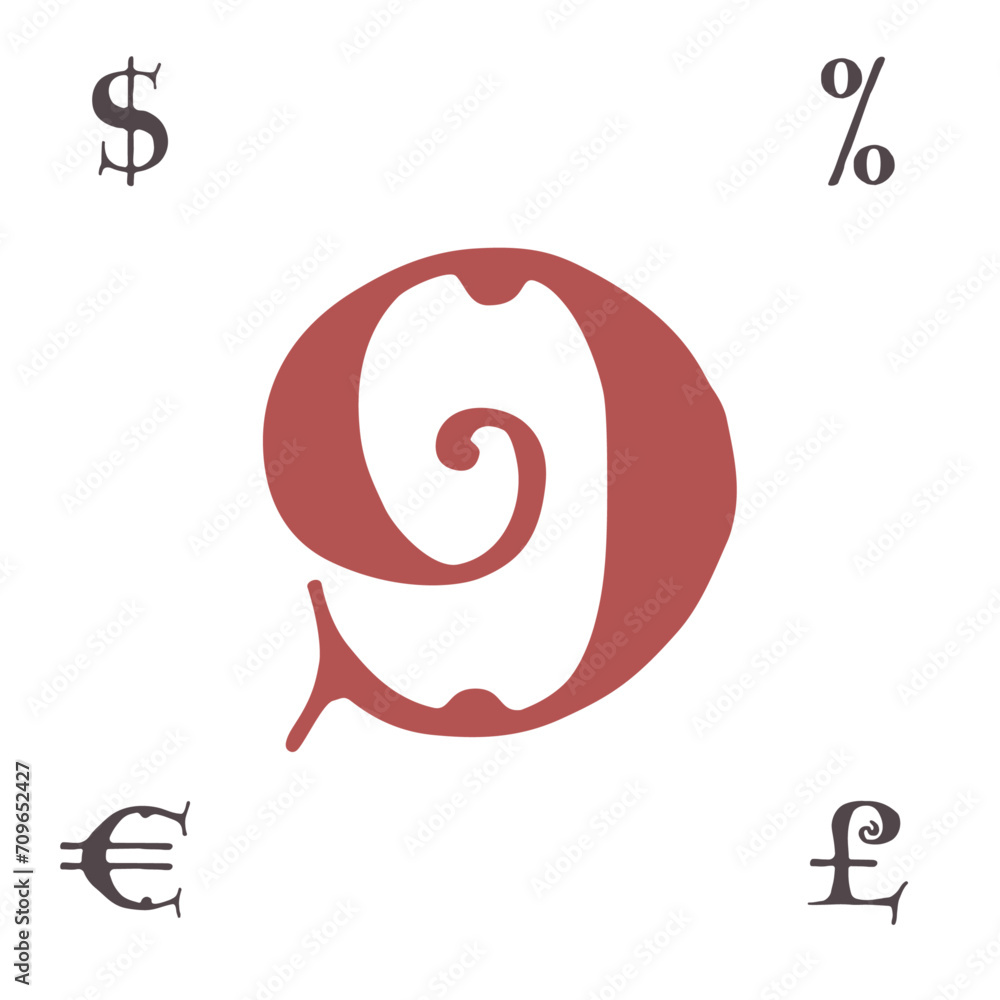 9 logo. Carolingian Majuscule number nine. Old Romanesque font from ...