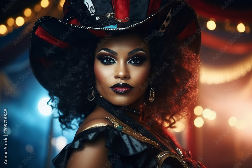 Circus performer clown magician showman in retro costume miracle time ...