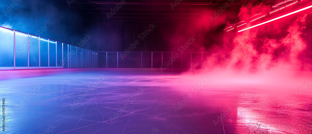 Red Ice Rink Background. Professional Arena illuminated red neon lights ...