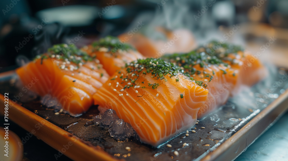 Salmon Sashimi in Japanese buffet restaurant menu. Fresh Sashimi fillet ...